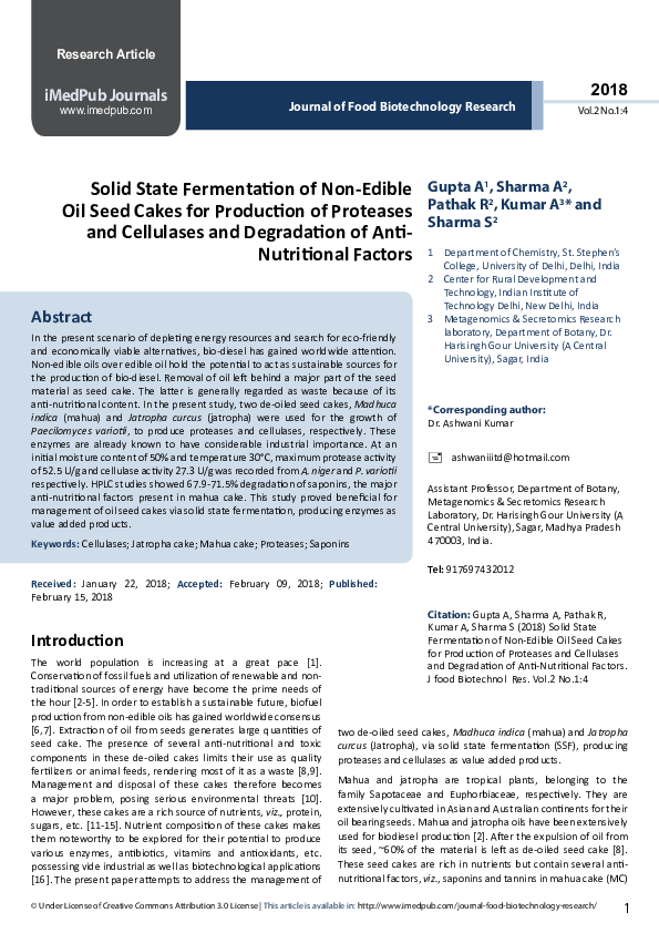 (PDF) Solid State Fermentation of Non-Edible Oil Seed Cakes for Production of Proteases and ...