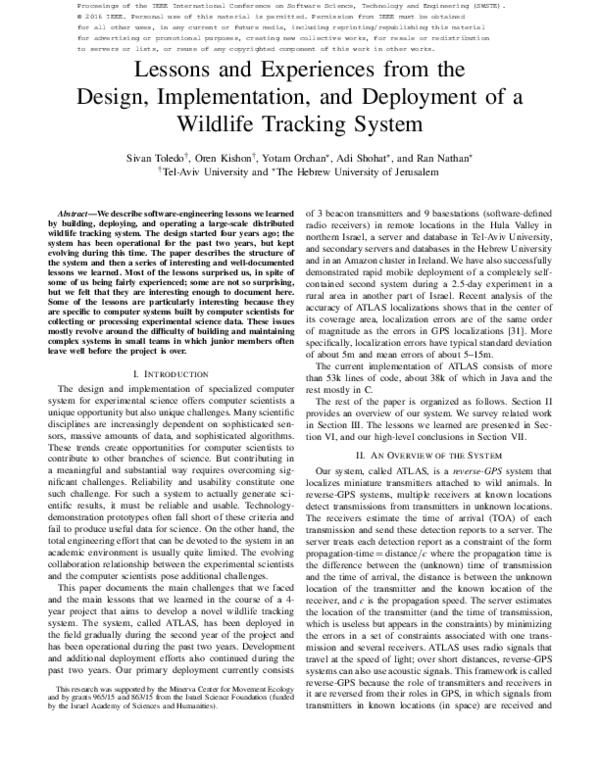 (PDF) Lessons and Experiences from the Design, Implementation, and Deployment of a Wildlife ...