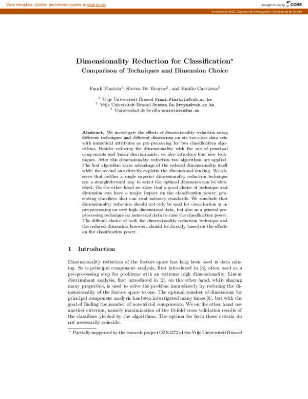 (PDF) Dimensionality Reduction for Classification: Comparison of ...