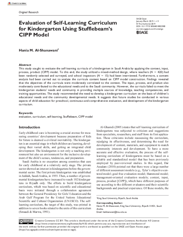 (PDF) Evaluation of Self-Learning Curriculum for Kindergarten Using Stufflebeam’s CIPP Mode