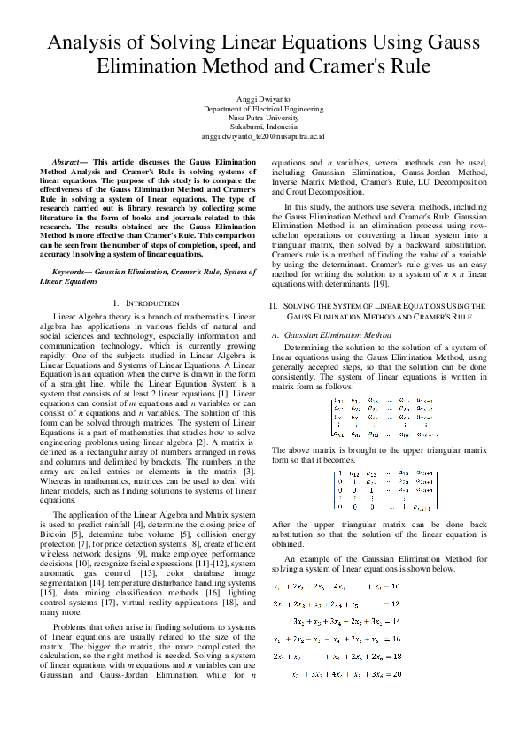 (PDF) Analysis of Solving Linear Equations Using Gauss Elimination Method and Cramer's Rule