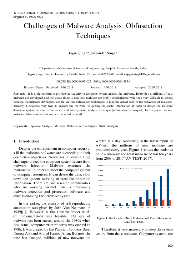 (PDF) Challenge of Malware Analysis: Malware obfuscation Techniques
