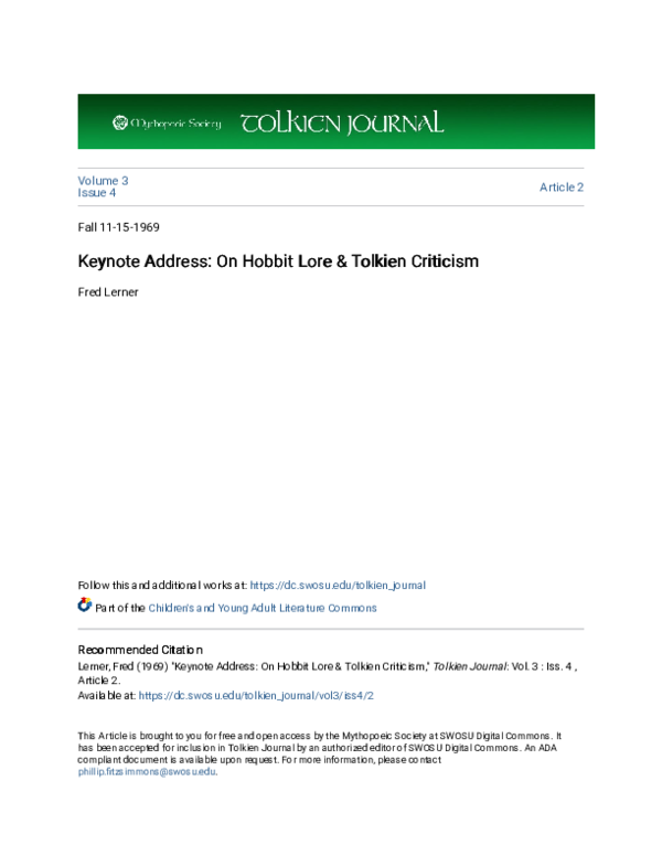 (PDF) Keynote Address: On Hobbit Lore & Tolkien Criticism