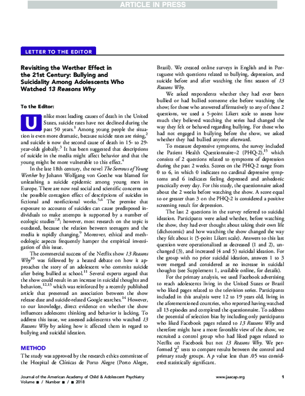 (PDF) Revisiting the Werther Effect in the 21st Century: Bullying and ...