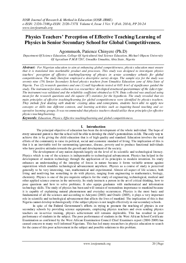 (PDF) Physics Teachers’ Perception of Effective Teaching/Learning of ...