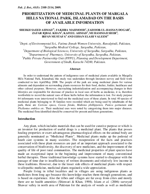 (PDF) Prioritization of Medicinal Plants of Margala Hills National Park ...