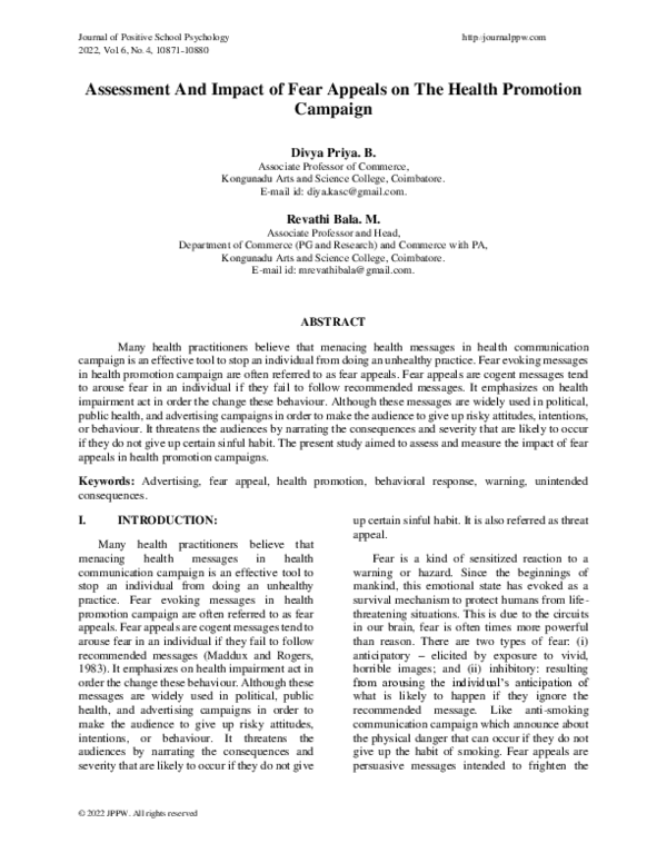 (PDF) Assessment And Impact of Fear Appeals on The Health Promotion ...