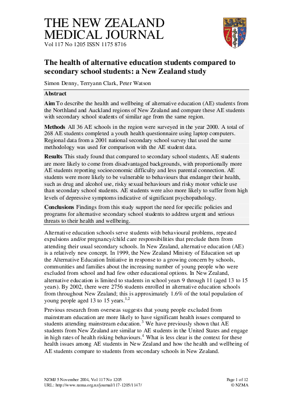 (PDF) The health of alternative education students compared to ...