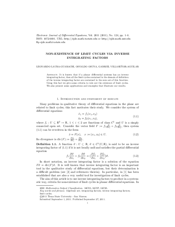 (PDF) Non-existence of limit cycles via inverse integrating factors