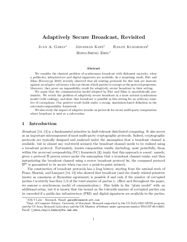 Pdf Adaptively Secure Broadcast Revisited 