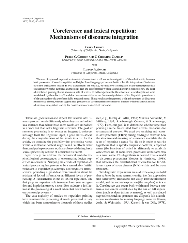 (PDF) Coreference and lexical repetition: Mechanisms of discourse integration
