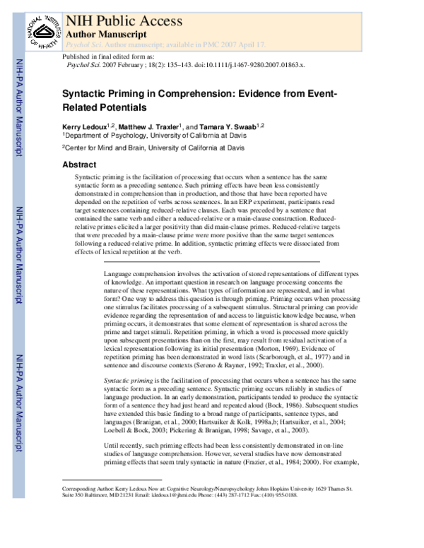 (PDF) Syntactic Priming in Comprehension | Tamara Swaab - Academia.edu