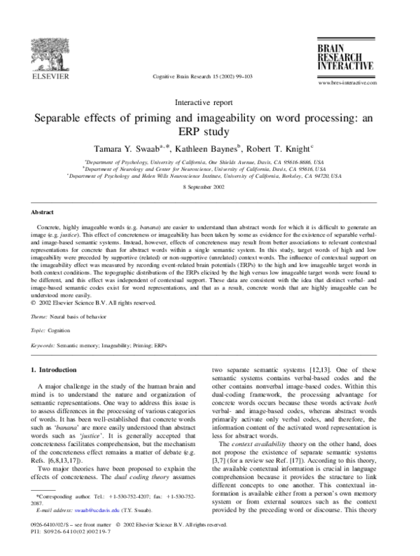 (PDF) Separable effects of priming and imageability on word processing: an ERP study | Tamara ...