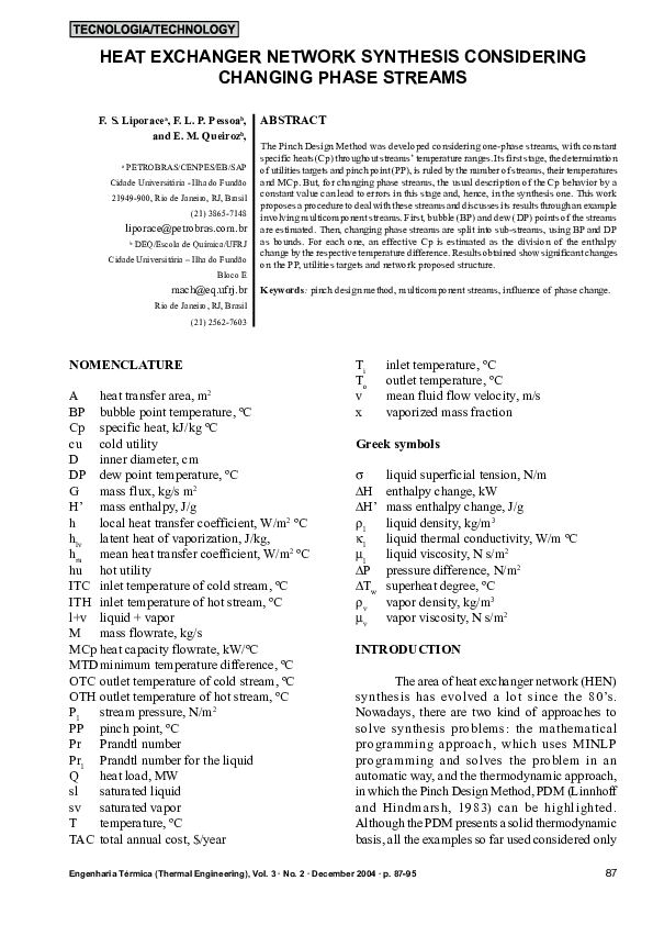 (PDF) Heat Exchanger Network Synthesis Considering Changing Phase Streams