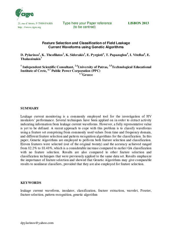 (PDF) Feature Selection and Classification of Field Leakage Current Waveforms using Genetic ...