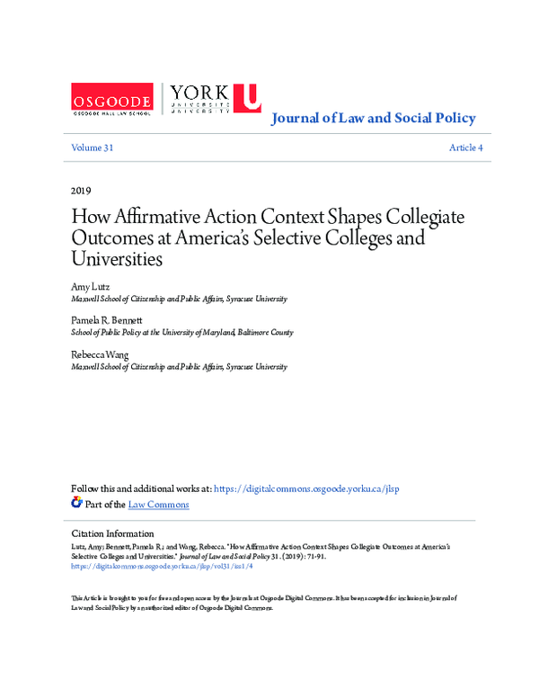 (PDF) How Affirmative Action Context Shapes Collegiate Outcomes at ...