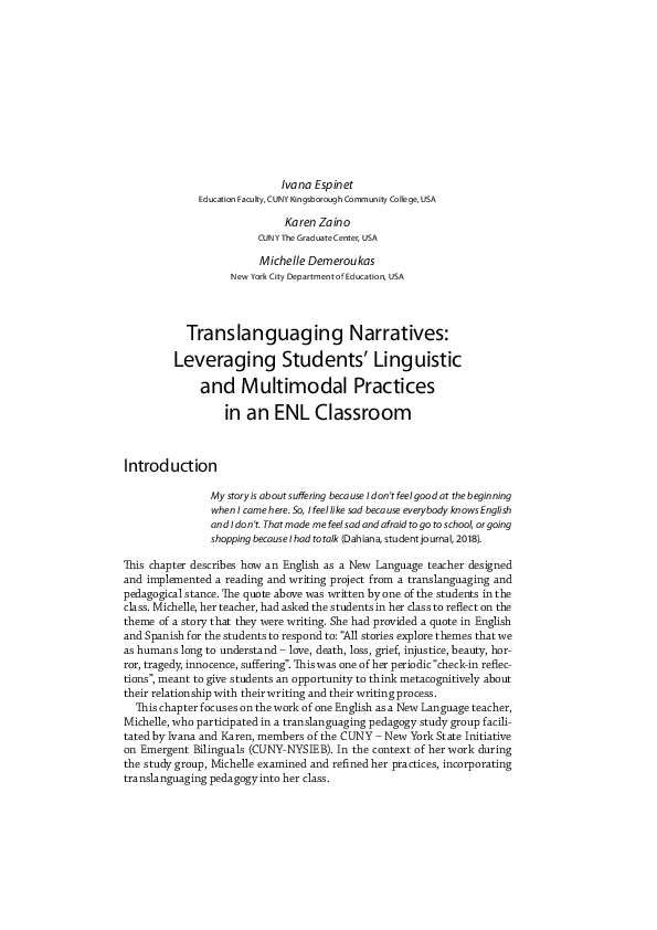 (PDF) Translanguaging Narratives: Leveraging Students' Linguistic and Multimodal Practices in an ...