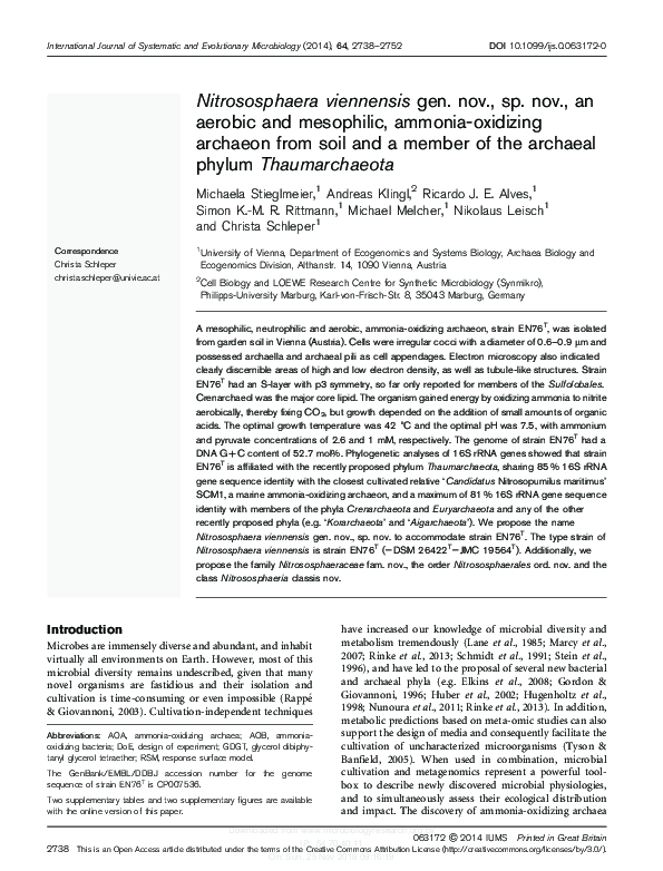(PDF) Nitrososphaera viennensis sp. nov., an aerobic and mesophilic ...