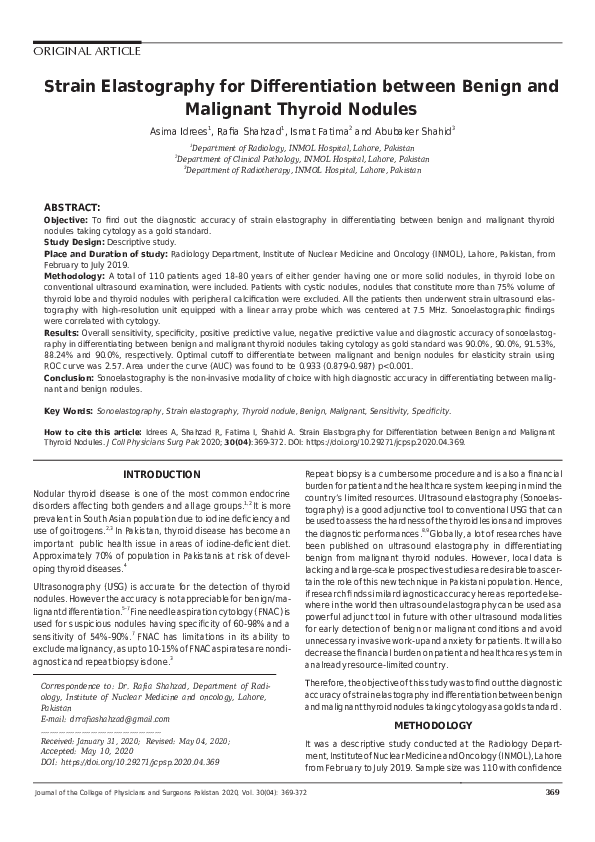 (PDF) Strain Elastography for Differentiation between Benign and Malignant Thyroid Nodules