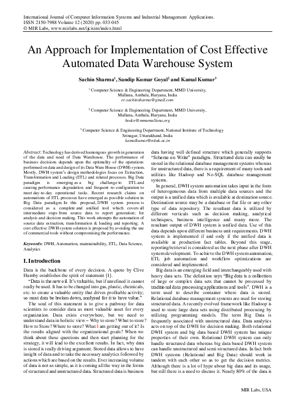 (PDF) An Approach for Implementation of Cost Effective Automated Data Warehouse System