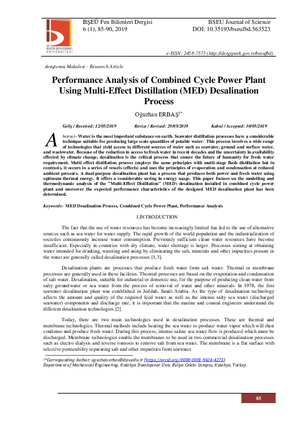(PDF) Performance Analysis of Combined Cycle Power Plant with Multi-Effect Distillation (MED ...