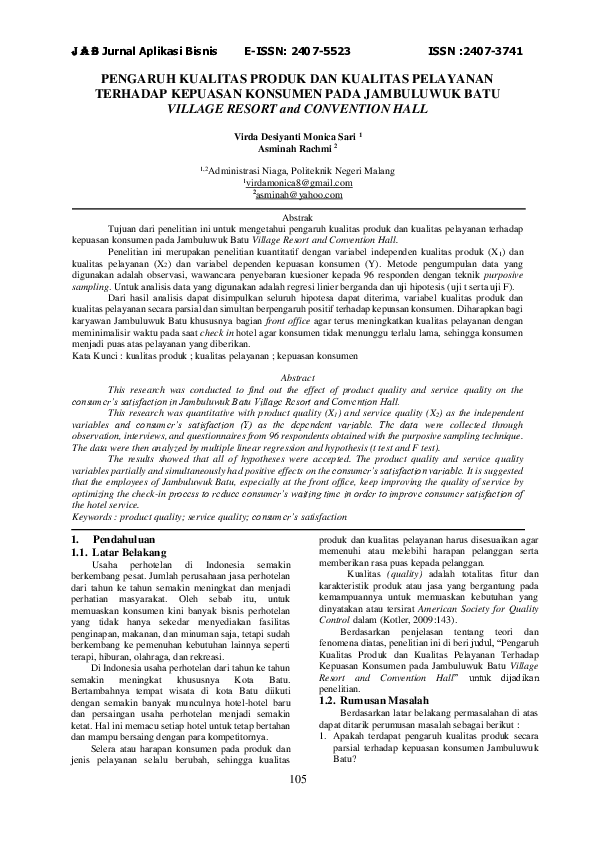 (PDF) PENGARUH KUALITAS PRODUK DAN KUALITAS PELAYANAN TERHADAP KEPUASAN KONSUMEN PADA JAMBULUWUK ...