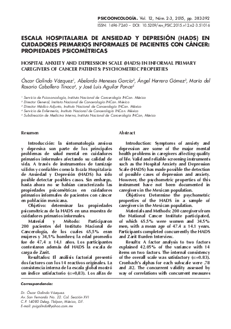 (PDF) Escala Hospitalaria de Ansiedad y Depresión (HADS) en cuidadores ...