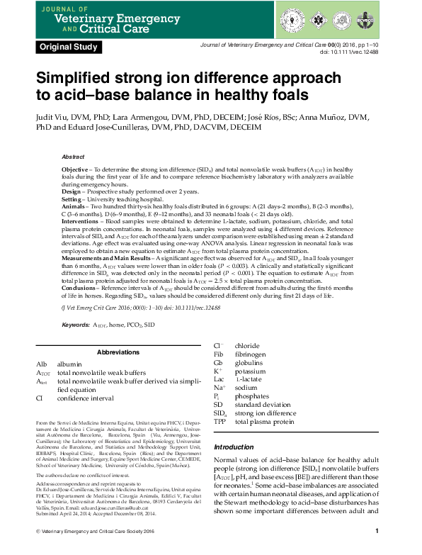(PDF) Simplified strong ion difference approach to acid-base balance in healthy foals