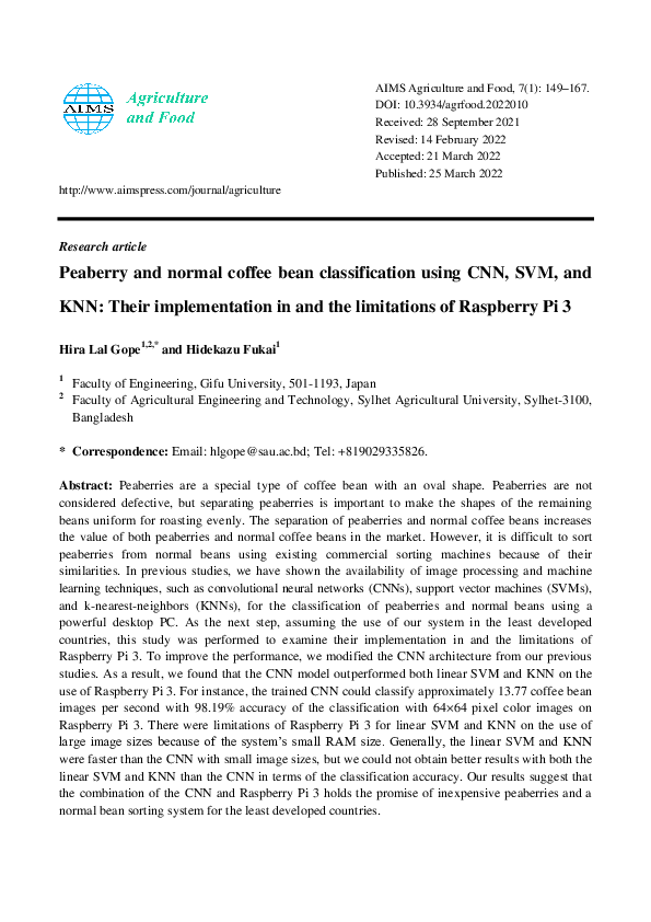 (PDF) Peaberry and normal coffee bean classification using CNN, SVM, and KNN: Their ...