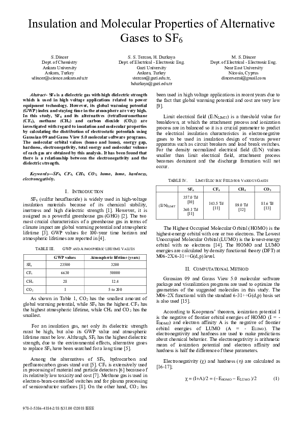 (PDF) Insulation and Molecular Properties of Alternative Gases to SF6