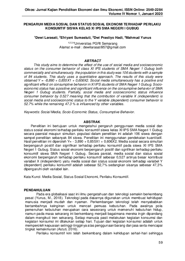(PDF) Pengaruh Media Sosial Dan Status Sosial Ekonomi Terhadap Perilaku Konsumtif Siswa Kelas XI ...