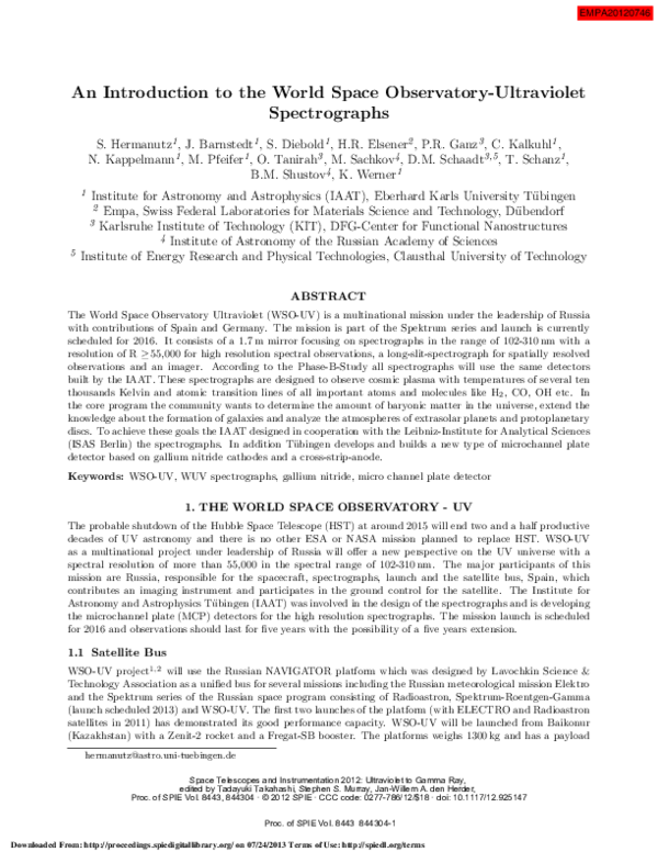 (PDF) An introduction to the World Space Observatory-Ultraviolet ...