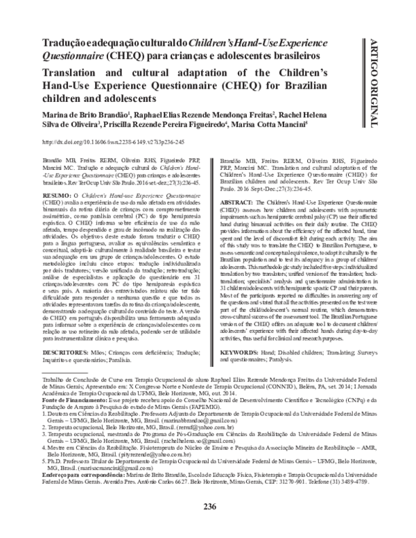 (PDF) Tradução e adequação cultural do Children’s Hand- -Use Experience ...