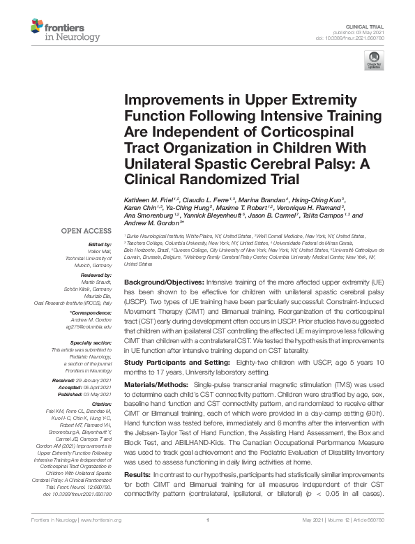 (PDF) Improvements in Upper Extremity Function Following Intensive Training Are Independent of ...