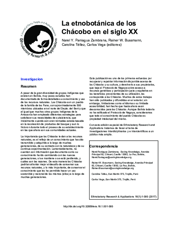 (PDF) La etnobotánica de los Chácobo en el siglo XX | Rainer W Bussmann ...