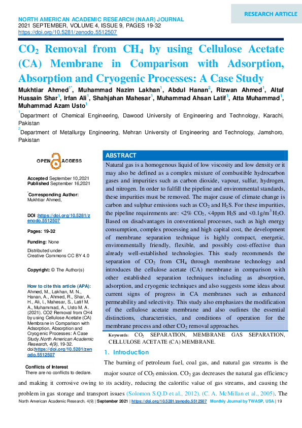 (PDF) CO2 Removal from CH4 by using Cellulose Acetate (CA) Membrane in ...
