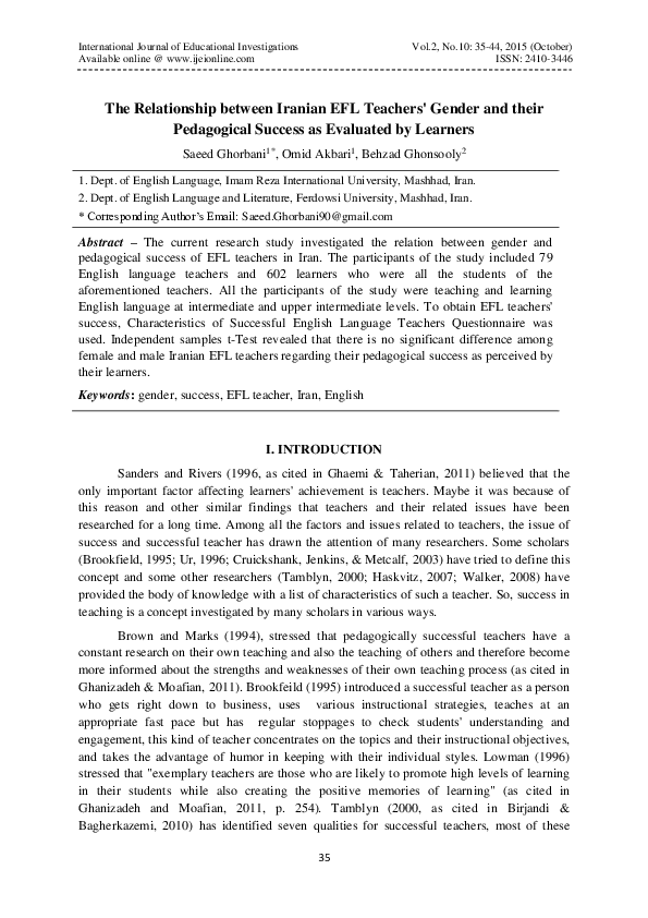 (PDF) The Relationship between Iranian EFL Teachers' Gender and their ...