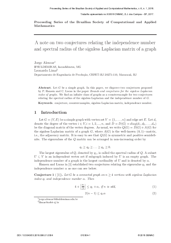 (PDF) A note on two conjectures relating the independence number and spectral radius of the ...