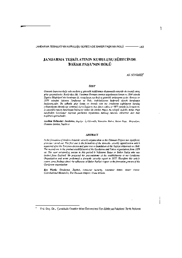 (PDF) Jandarma Teşkilatının Kuruluşu Sürecinde Baker Paşa'nın Rolü
