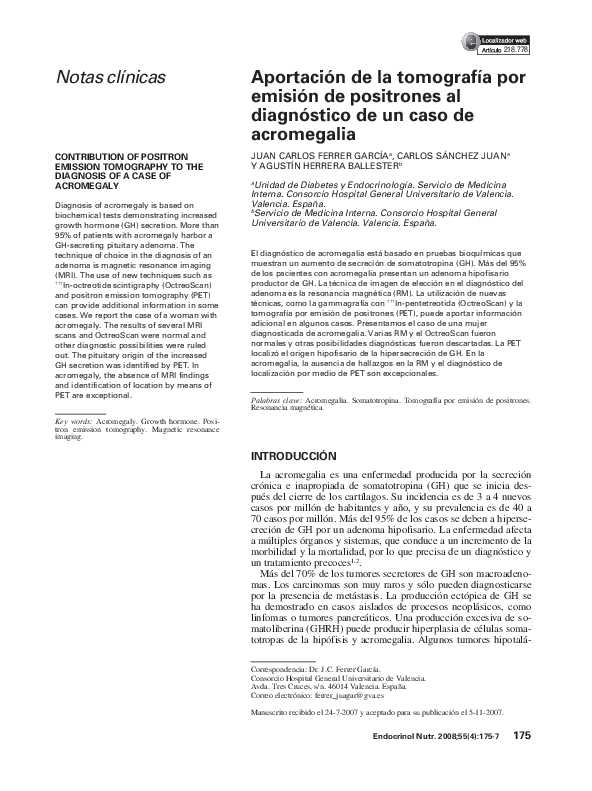 (PDF) Aportación de la tomografía por emisión de positrones al diagnóstico de un caso de acromegalia