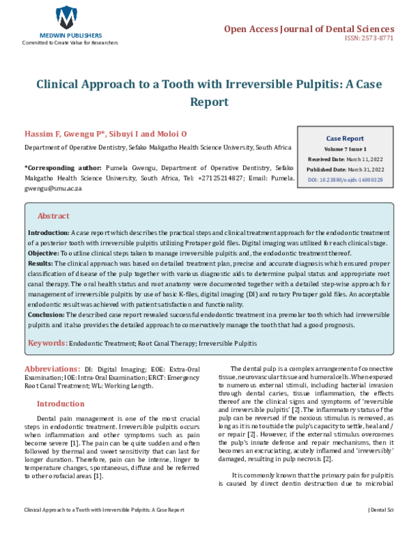 (PDF) Clinical Approach to a Tooth with Irreversible Pulpitis: A Case ...