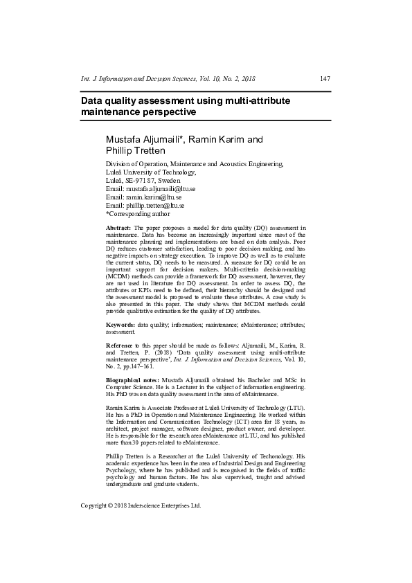 (PDF) Data quality assessment using multi-attribute maintenance perspective