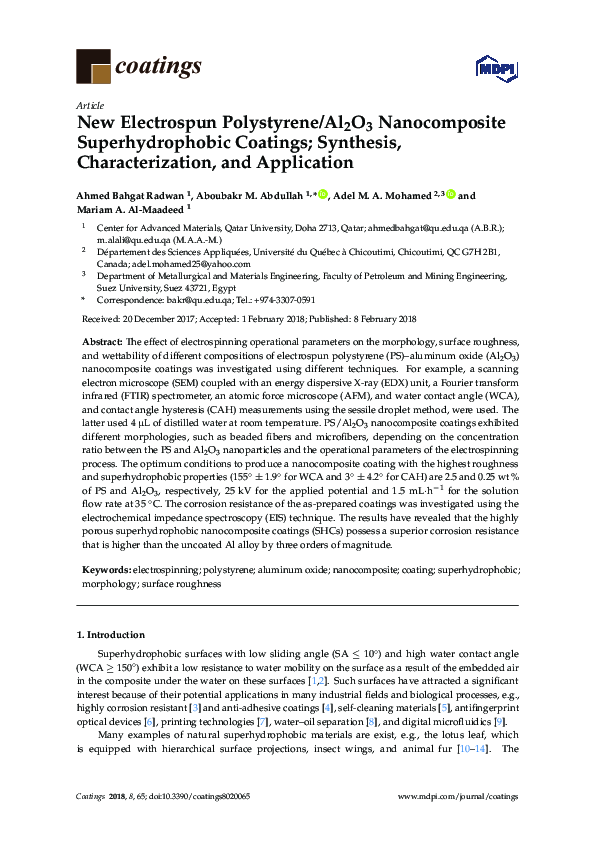 (PDF) New Electrospun Polystyrene/Al2O3 Nanocomposite Superhydrophobic Coatings; Synthesis ...
