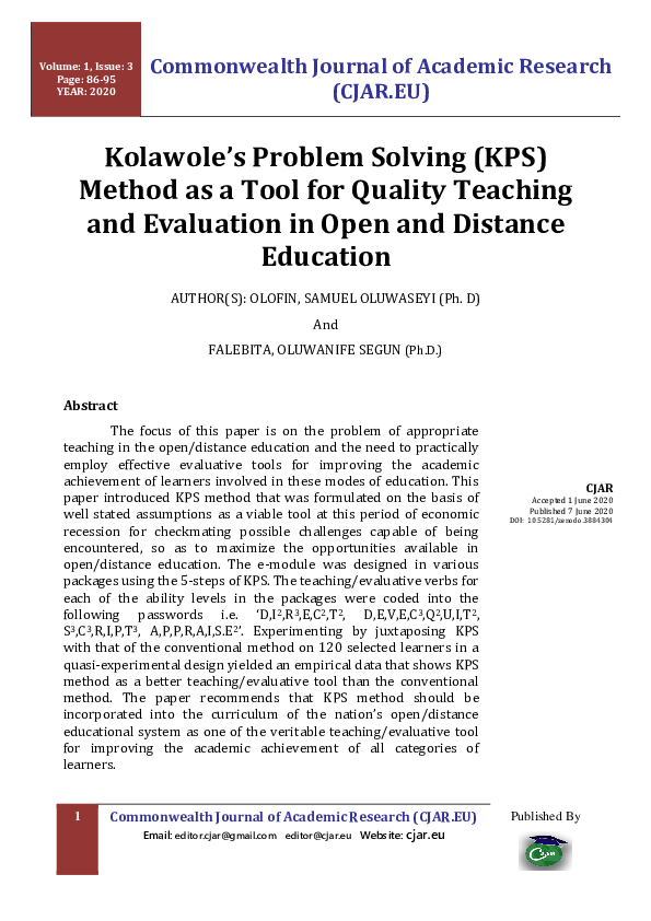 (PDF) Kolawole's Problem Solving (KPS) Method as a Tool for Quality ...