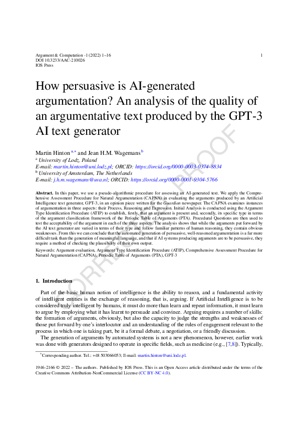 Pdf How Persuasive Is Ai Generated Argumentation An Analysis Of The Quality Of An