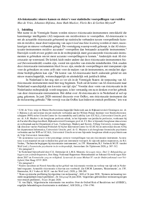 (PDF) AI-risicotaxatie: nieuwe kansen en risico’s voor statistische voorspellingen van recidive
