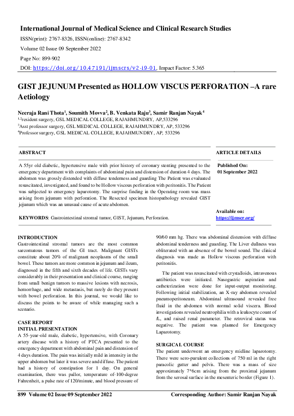 (PDF) GIST JEJUNUM Presented as HOLLOW VISCUS PERFORATION –A rare Aetiology