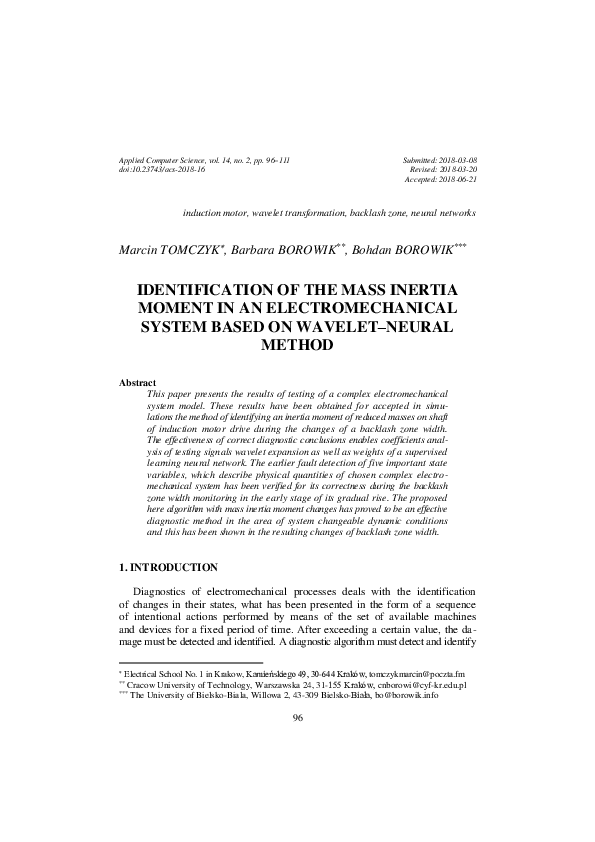 (PDF) Identification of the Mass Inertia Moment in an Electromechanical System Based on Wavelet ...