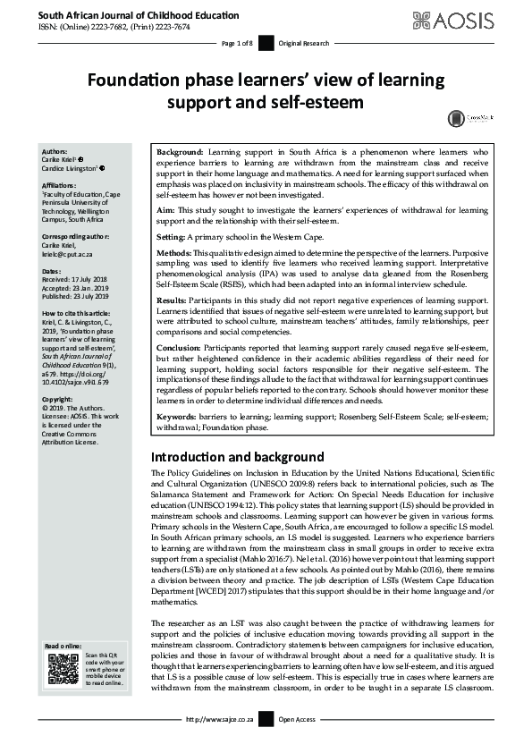 (PDF) Foundation phase learners’ view of learning support and self-esteem