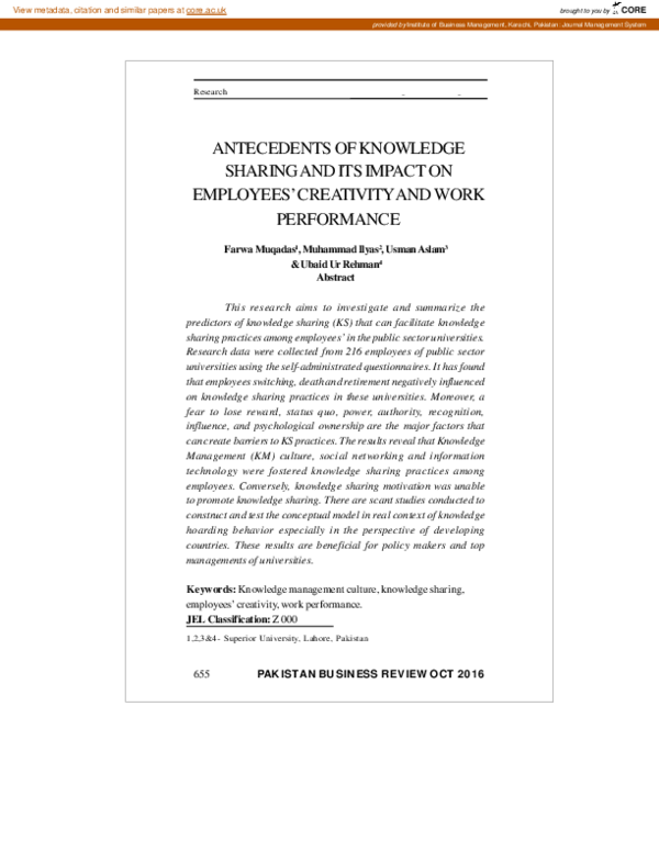 (PDF) Antecedents of Knowledge Sharing and Its Impact on Employees’ Creativity and Work Performance